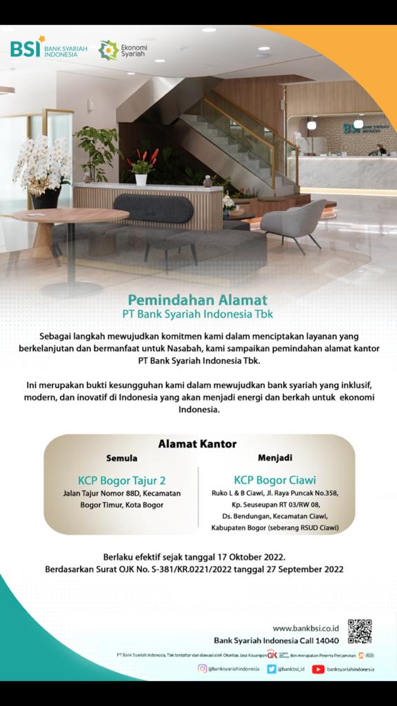 BSI KCP Tajur 2 Pindah ke KCP di Ruko L dan B Ciawi